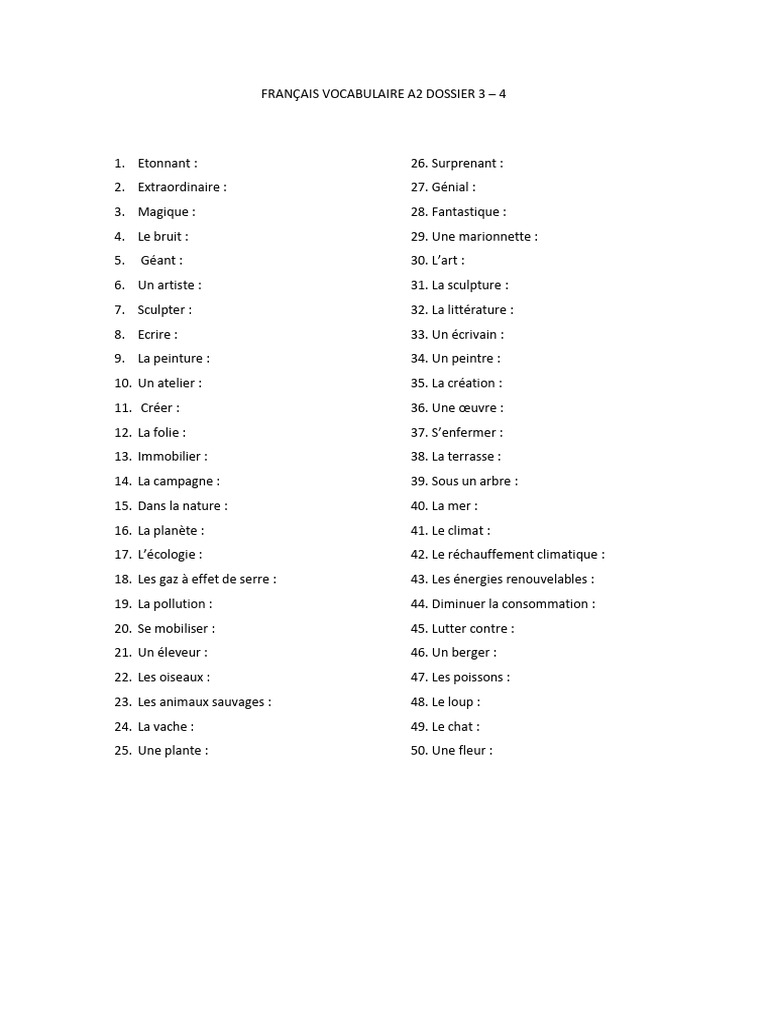 Français Vocabulaire A2 Dossier 3-4 | PDF