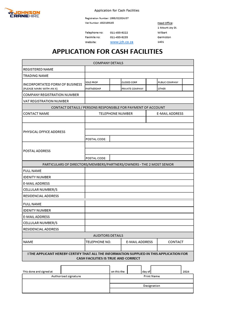JCH Application For Cash Facilities | PDF | Business