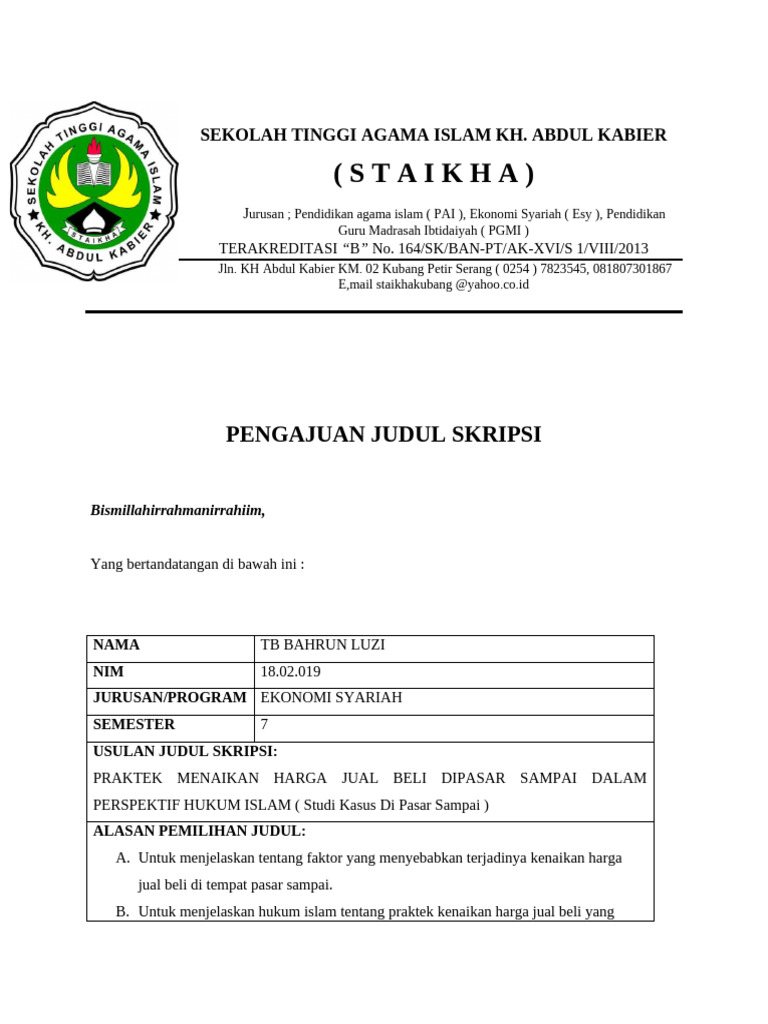 Contoh Formulir Pengajuan Judul Skripsi | PDF