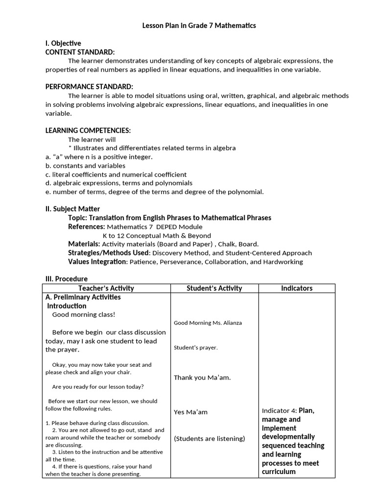 Lesson Plan in Grade 7 Mathematics 7_ Algebra Introduction | PDF