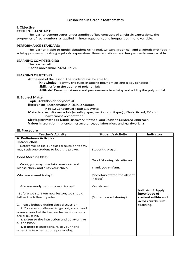 Lesson Plan in Grade 7 Mathematics 9 - Adding Polynomial | PDF | Mathematics | Career & Growth