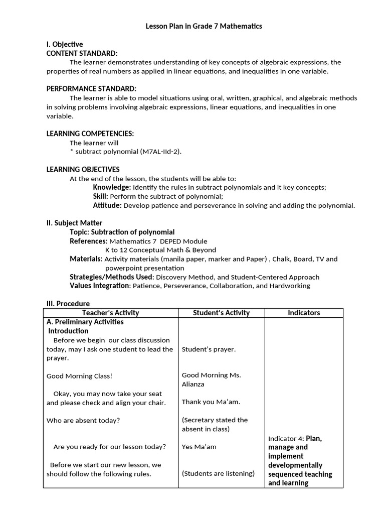Lesson Plan in Grade 7 Mathematics 10 - Subtraction Polynomial | PDF ...