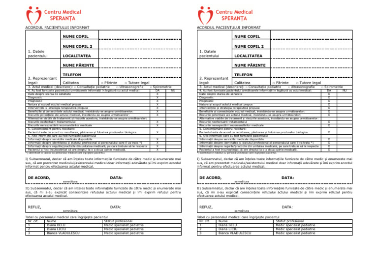 Acordul Pacientului Informat PEDIATRIE A5 | PDF