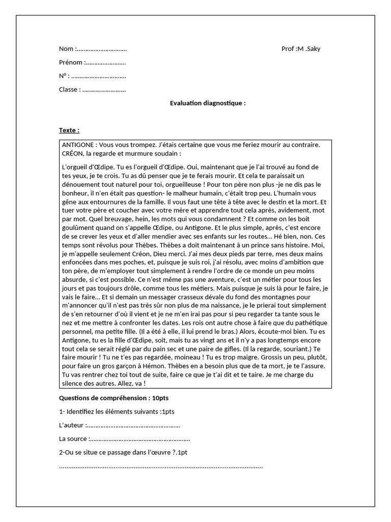 Evaluation Diagnostique 2 Bac | PDF