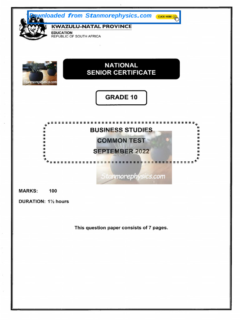 Business Studies Grade 10 SEPT 2022 QP and Memo | PDF