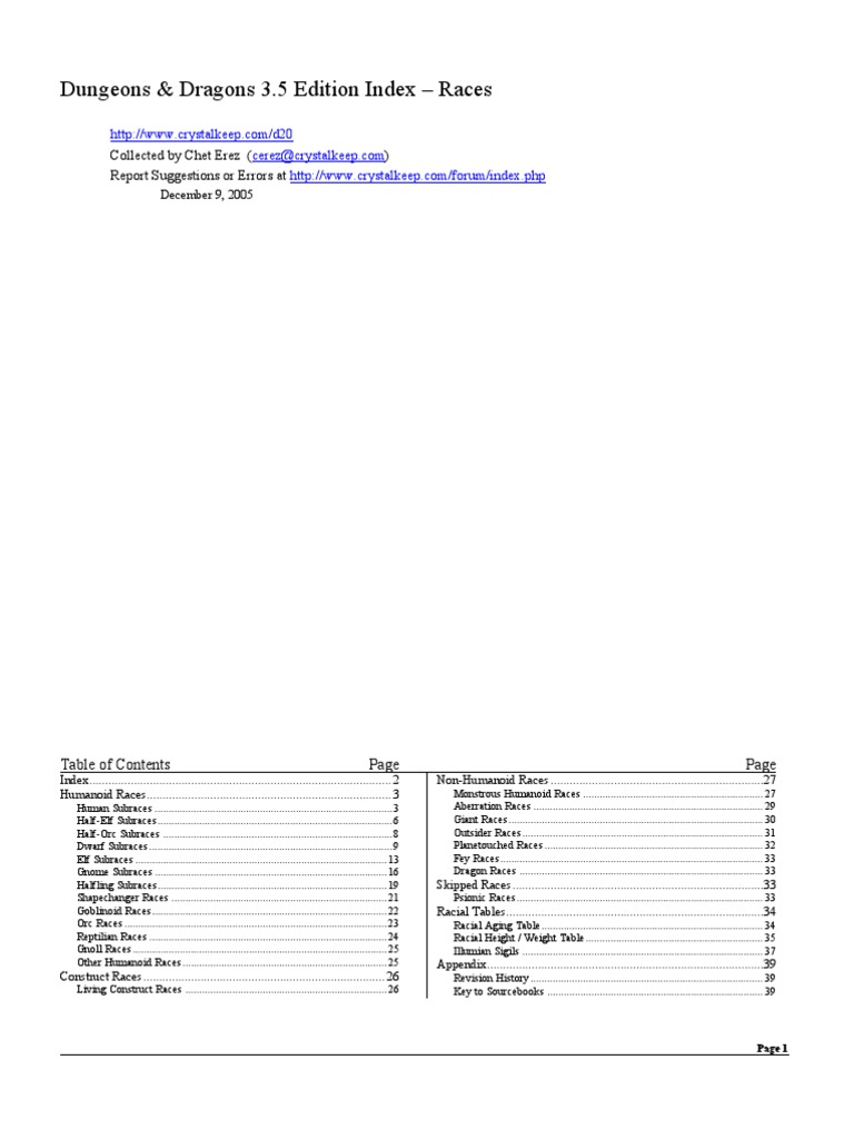 Dungeons & Dragons 3.5 Edition Index - Races: Collected by Chet Erez ...