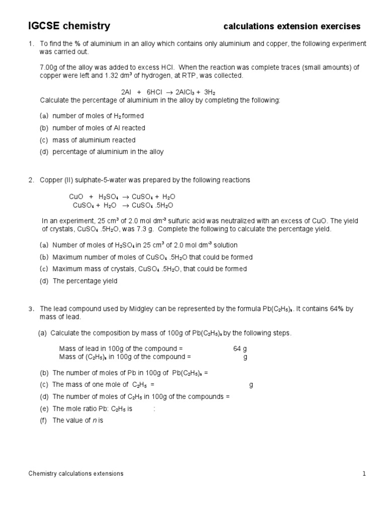 Chemistry Calculations Extension Exercises | PDF | Mole (Unit ...