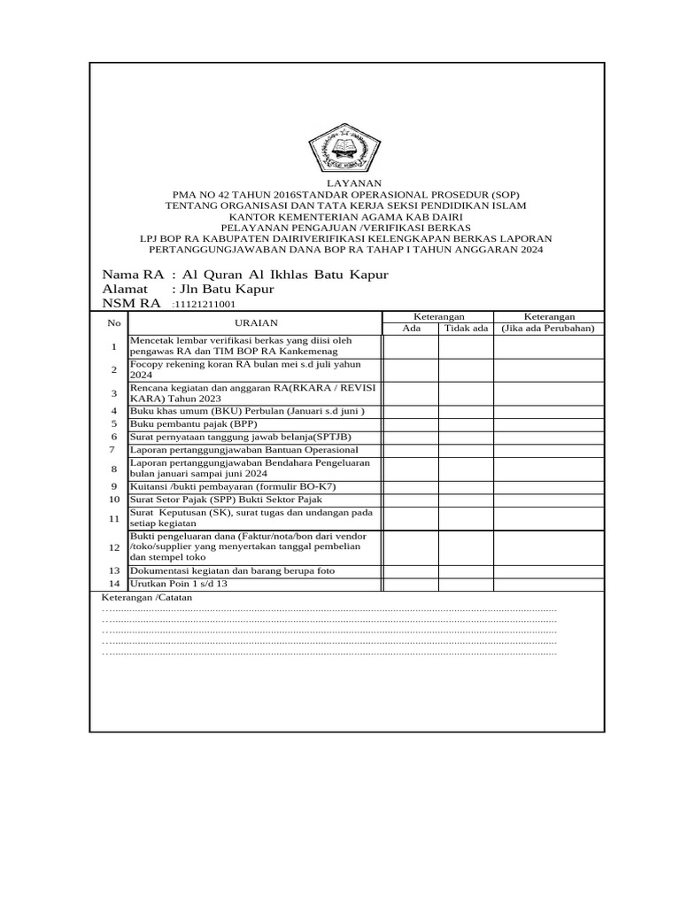 lembar Check List LPJ BOP RA 1 | PDF