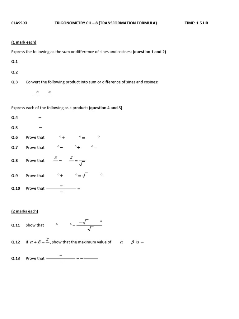 Trigonometry Chapter 8 (Transformation Formula) Subjective Assignment | PDF