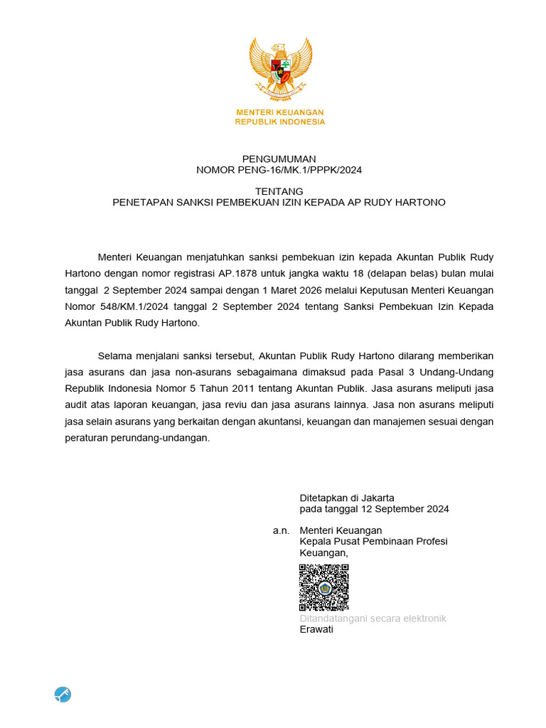 Sanksi Akuntan Publik Rudy Hartono AP.1878 Tahun 2024-2026 KAP Mohammad Sunusi Dan Rekan | PDF
