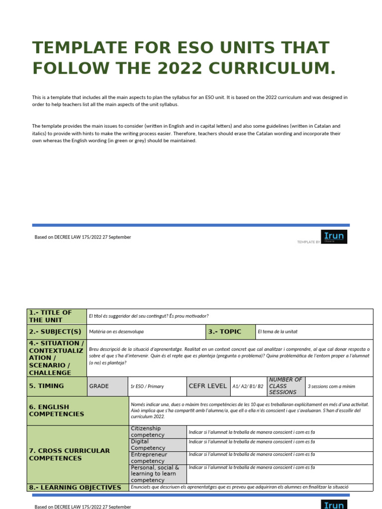 1 ESO Unit Syllabus Template 2022 English | PDF
