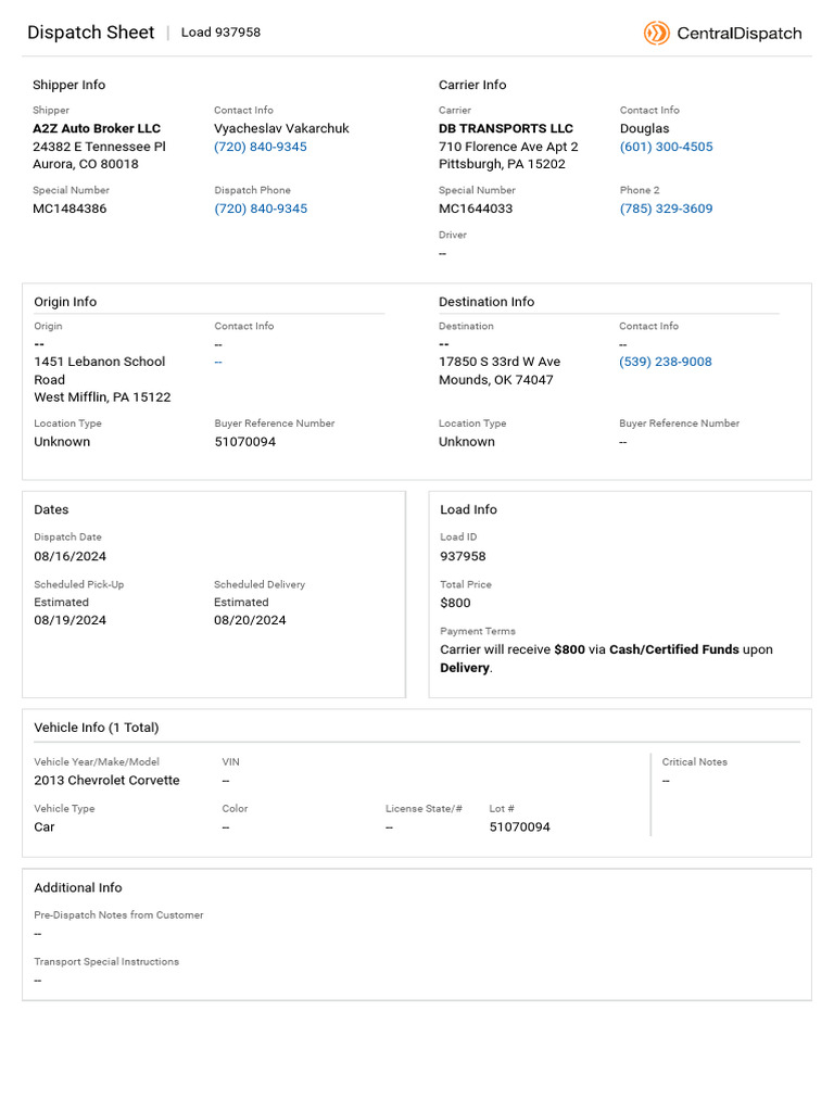 Dispatch Sheet | PDF