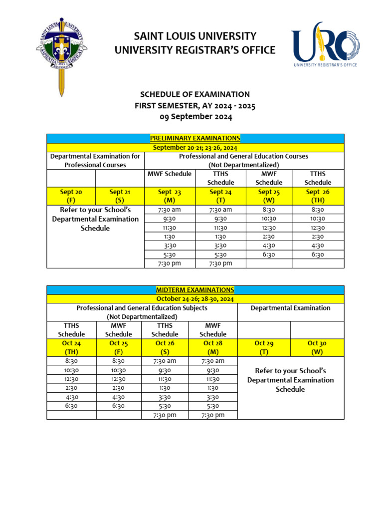 Examination Schedule For The First Semester of AY 2024-2025 | PDF