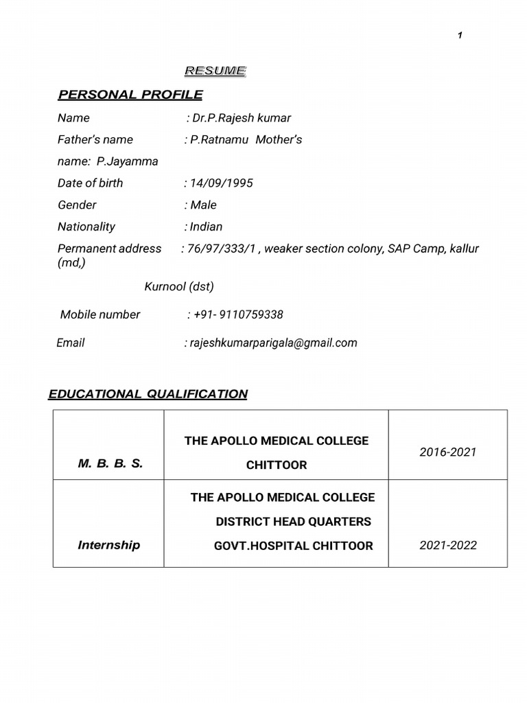 DR.RAJESH RESUME - Bangarupalyem | PDF