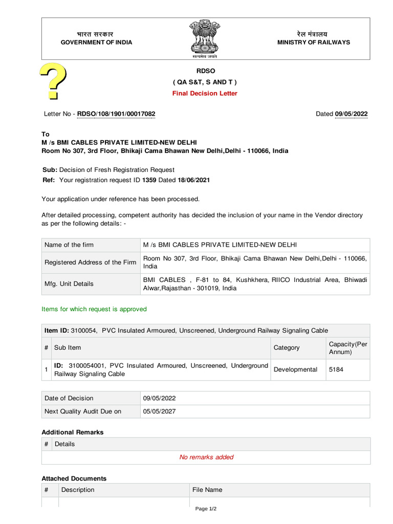 RDSO Certification Approval for BMI Cables | PDF