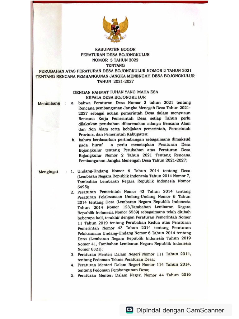 Perdes Perubahan RPJMDesa Tahun 2021 2027 | PDF