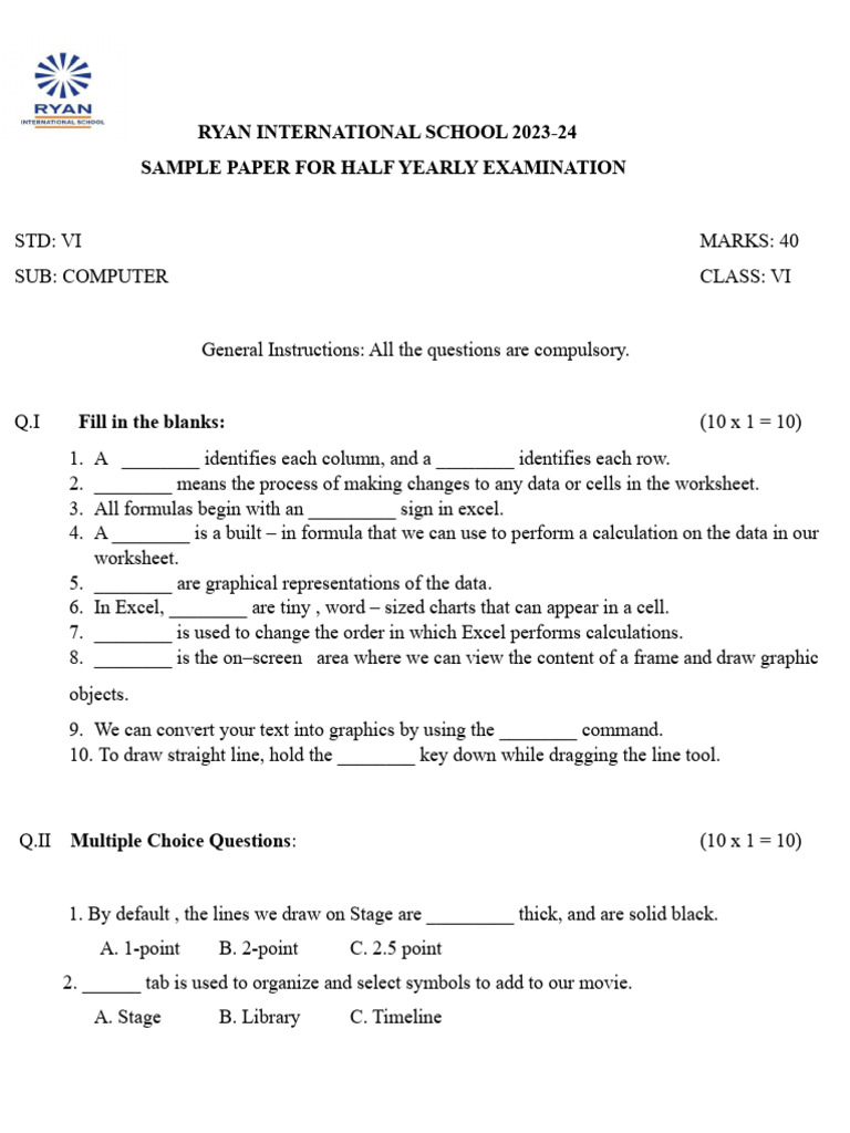 Sample Paper Class-6 Comp | PDF | Microsoft Excel | Teaching Methods ...