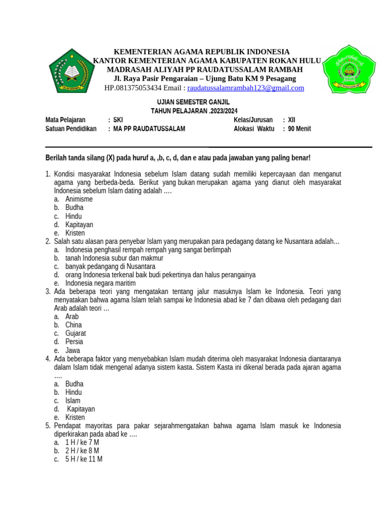 Ujian Ski Xii Ganjil 2023-2024 | PDF