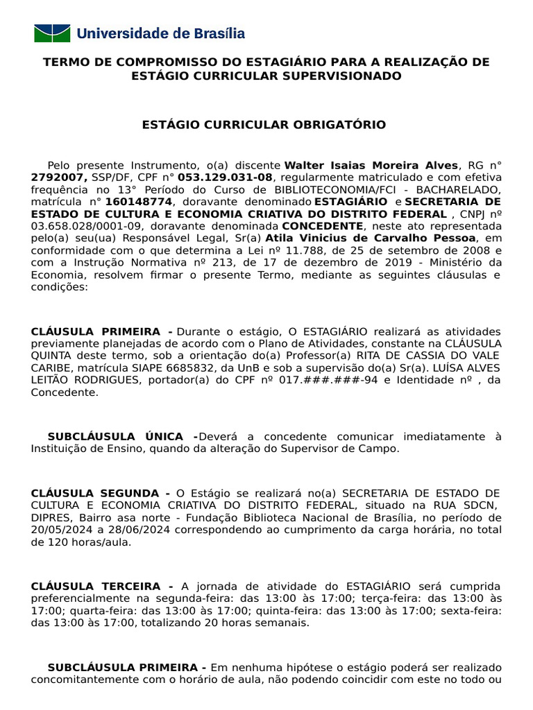 SEI 11247649 Termo de Estagio Obrigatorio Walter | PDF