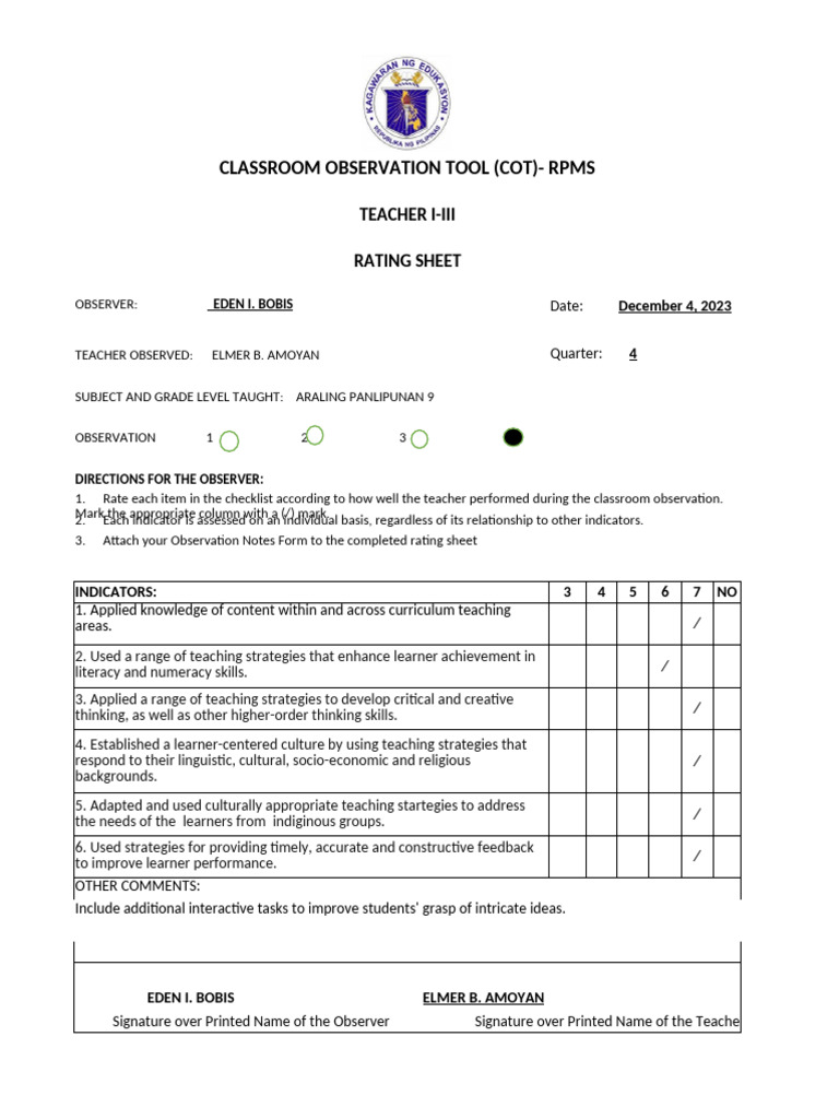 Classroom Observation Tool (Cot) - RPMS: Teacher I-Iii Rating Sheet | PDF