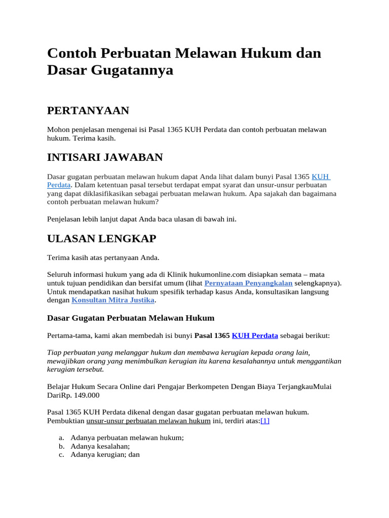 Contoh Perbuatan Melawan Hukum KUH Perdata | PDF