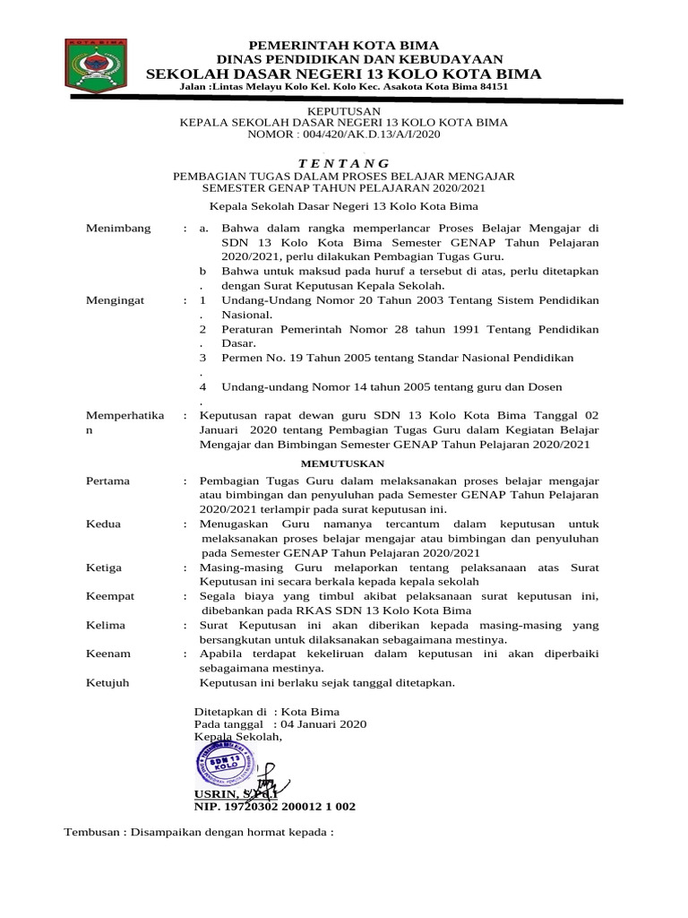 Pembagian Tugas Semester Genap 2020 - 2021 | PDF