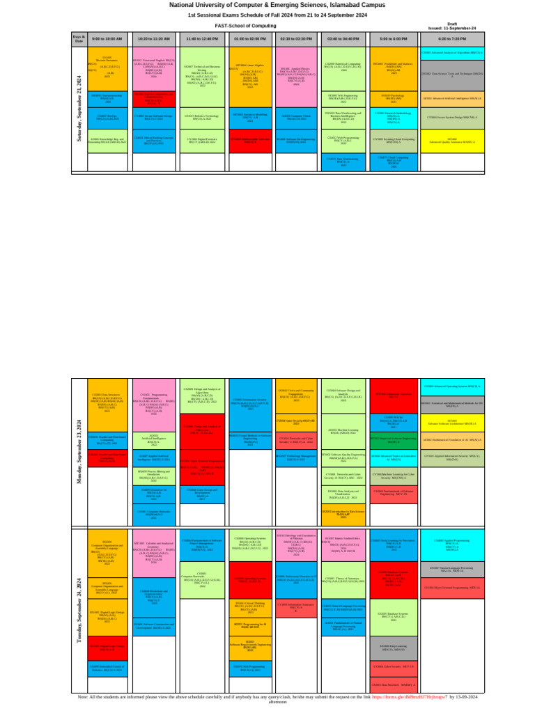 1st Sessional Exams Schedule Fall 2024 - Draft - As On 11-09-2024 | PDF