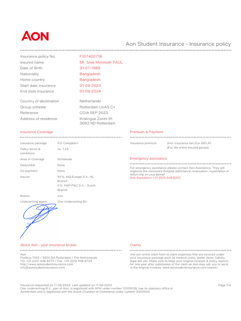 Insurance Certificate AON | PDF