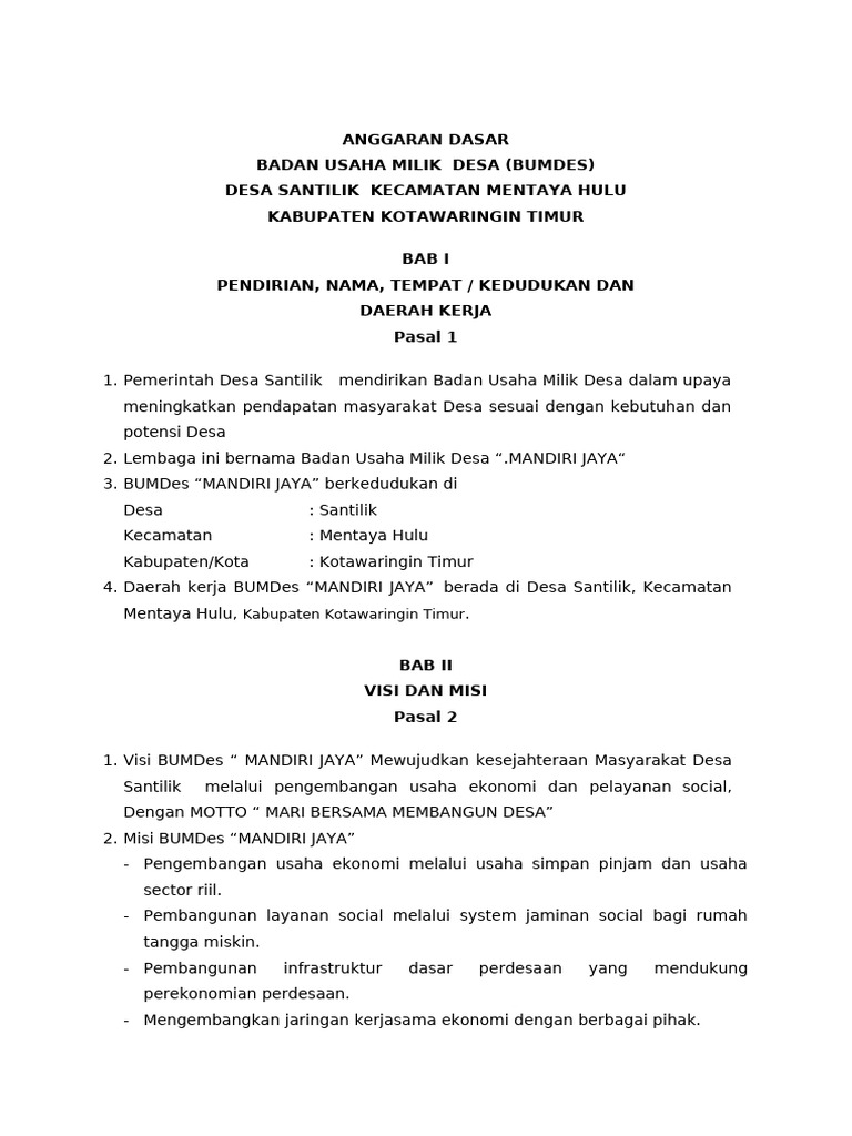 Anggaran Dasar Bumdes | PDF