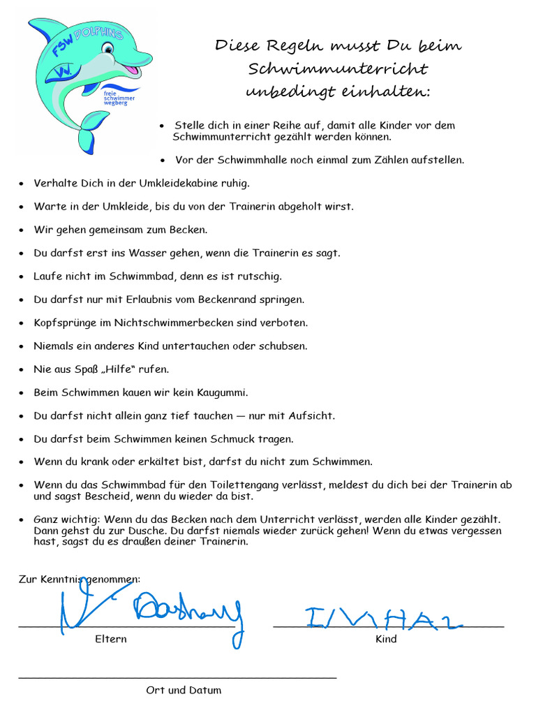 Regeln Schwimmunterricht | PDF