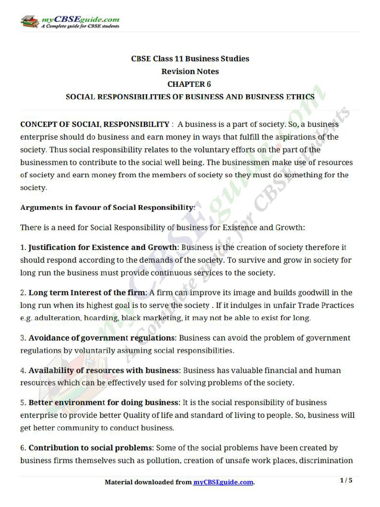 11 Business Studies Notes Ch06 Social Responsibilities of Business and ...