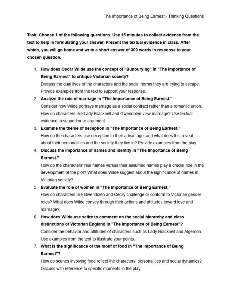 The Importance of Being Earnest - Revision (Thinking Questions) | PDF
