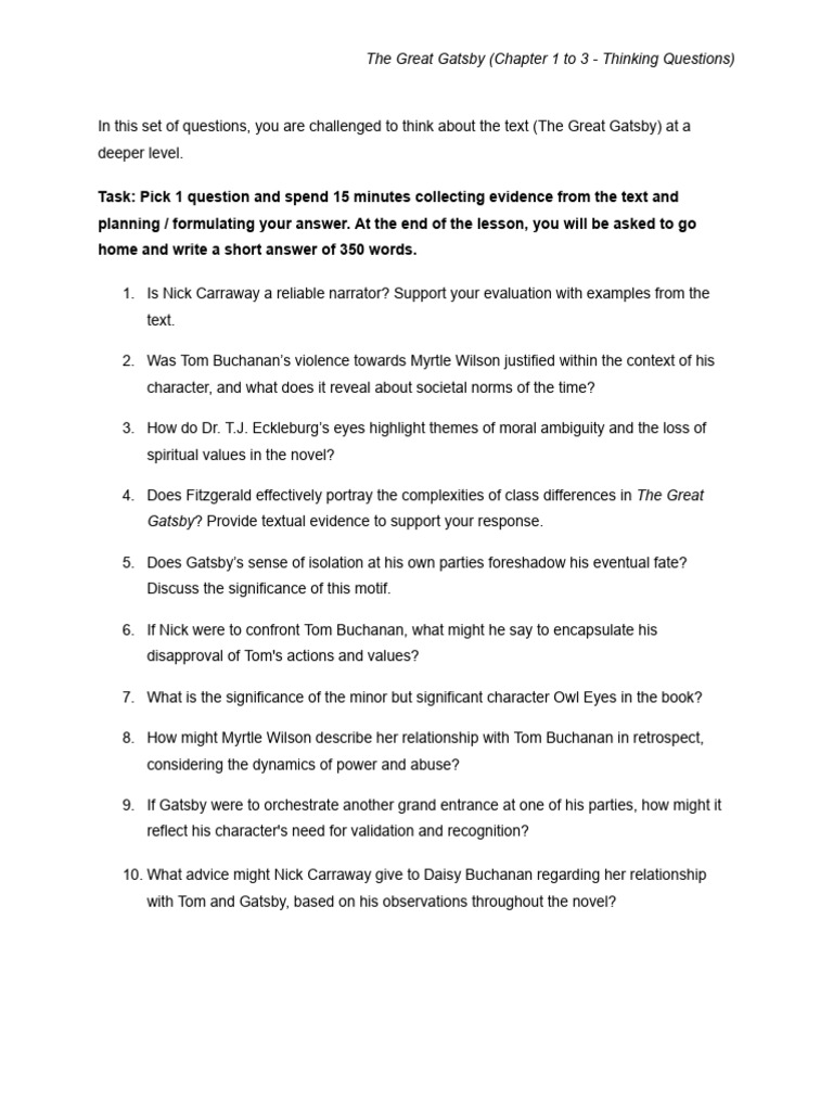 The Great Gatsby (Chapter 1 To 3 - Thinking Questions) | PDF