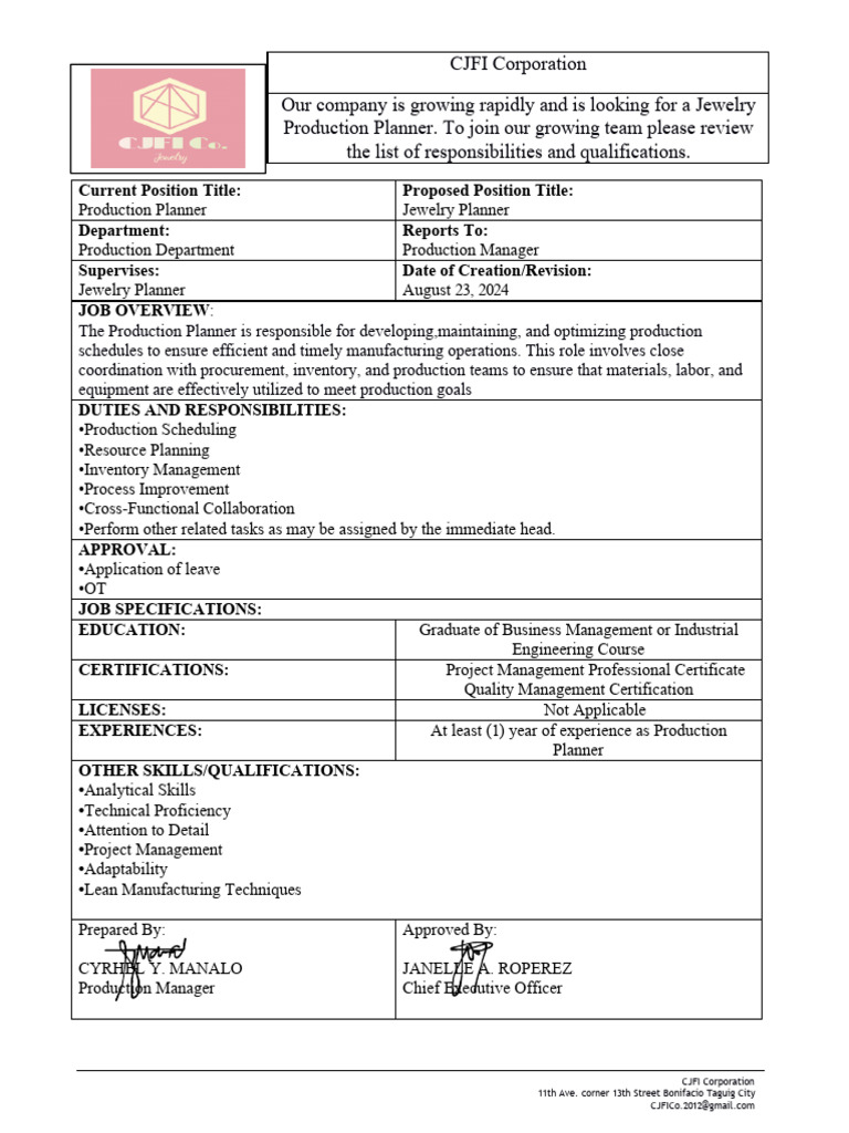 JD of Production Planner | PDF