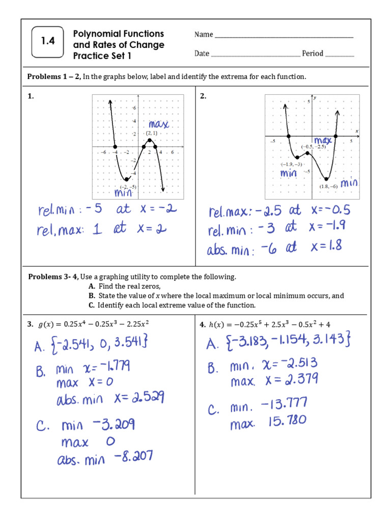 Practice 1.4R-Polynomial Functions Rates of Change Key | PDF