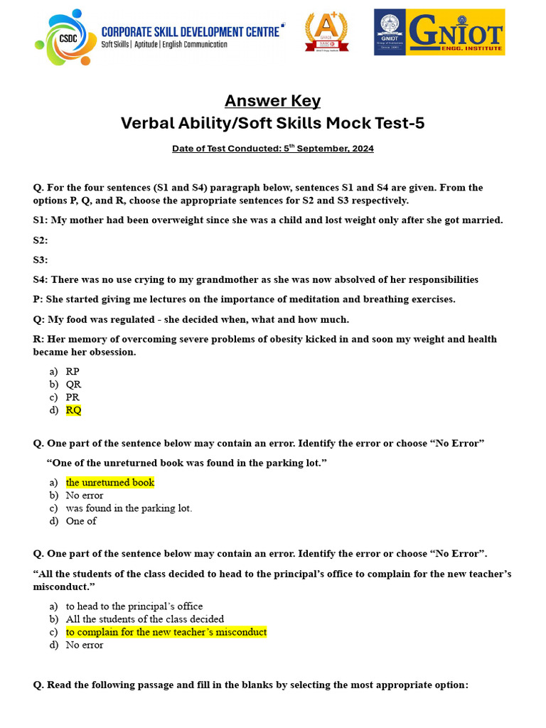 VERBAL ABILITY - SOFT SKILLS MOCK TEST 5 - Answer Key | PDF