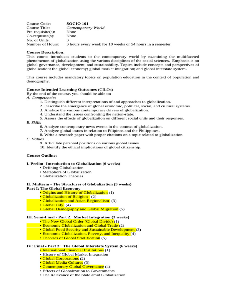 Contemporary World Course Outline | PDF