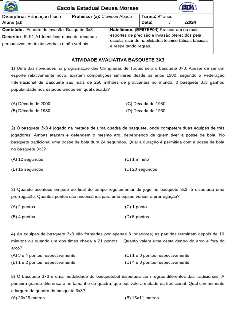Atividade Avaliativa 9° Anos | PDF