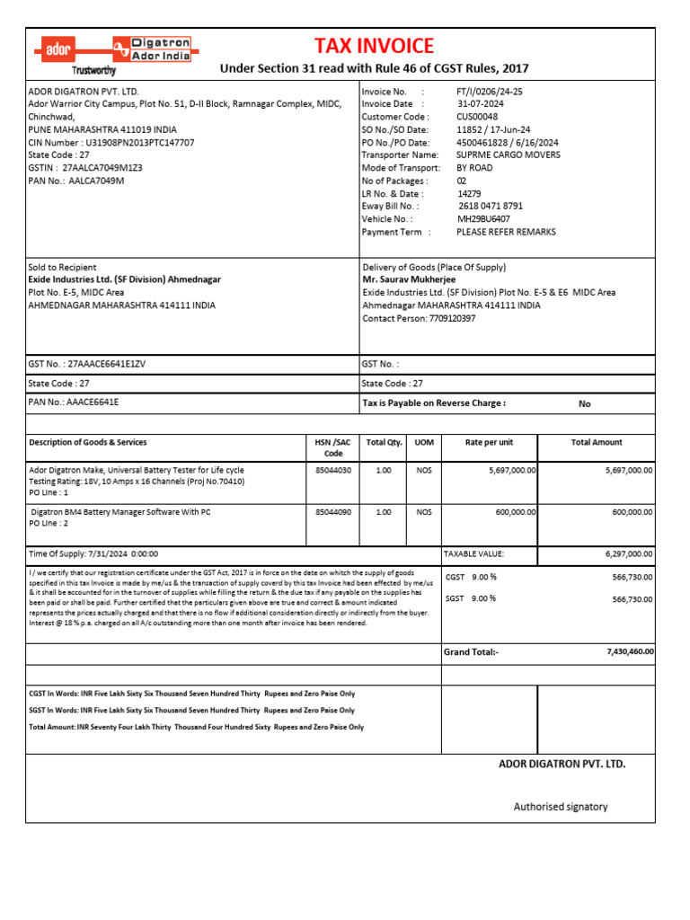 Tax Invoice for Exide Industries | PDF | Invoice | Government Finances