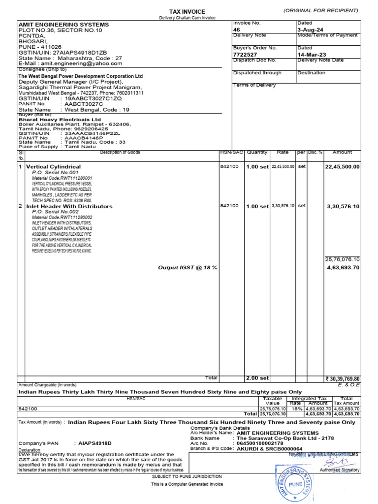 Tax Invoice for Engineering Goods Sale | PDF | Taxes | Payments