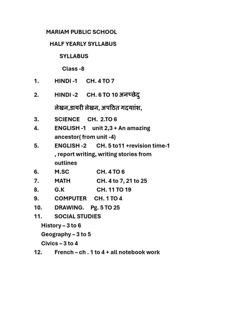 Half Yearly Syllabus (Class -8) | PDF