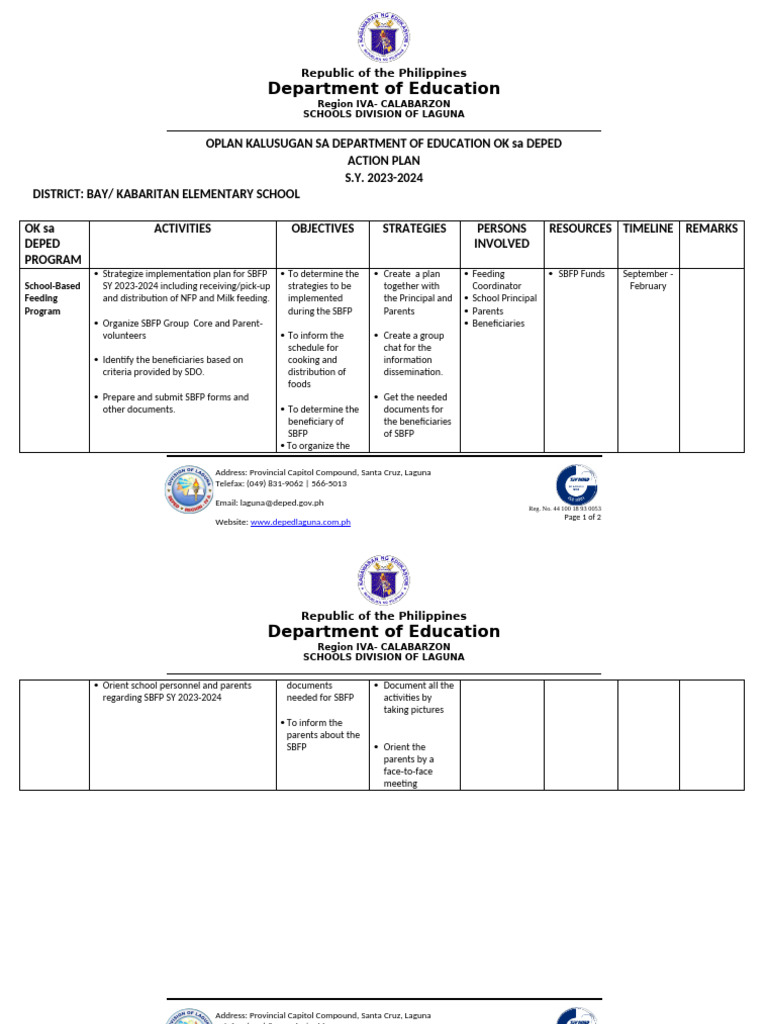 ACTION PLAN -SBFP-2023-2024 | PDF