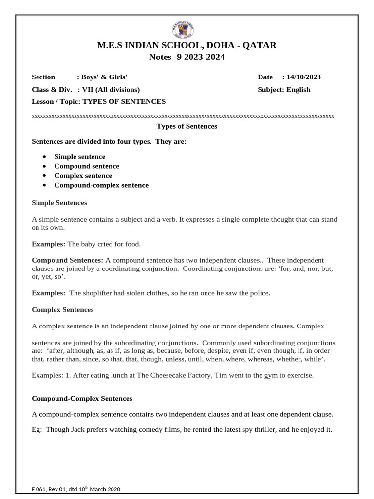 Cl-7-Eng-Notes-Types of Sentences | PDF