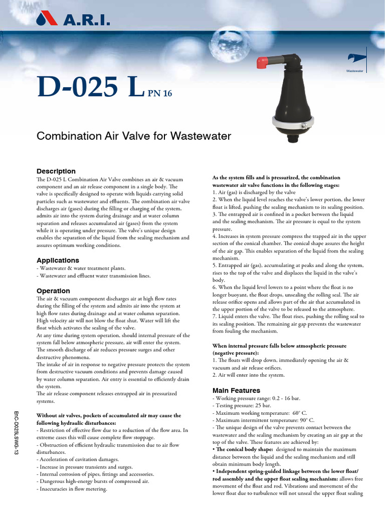 Combination Air Valve For Wastewater: Description | PDF
