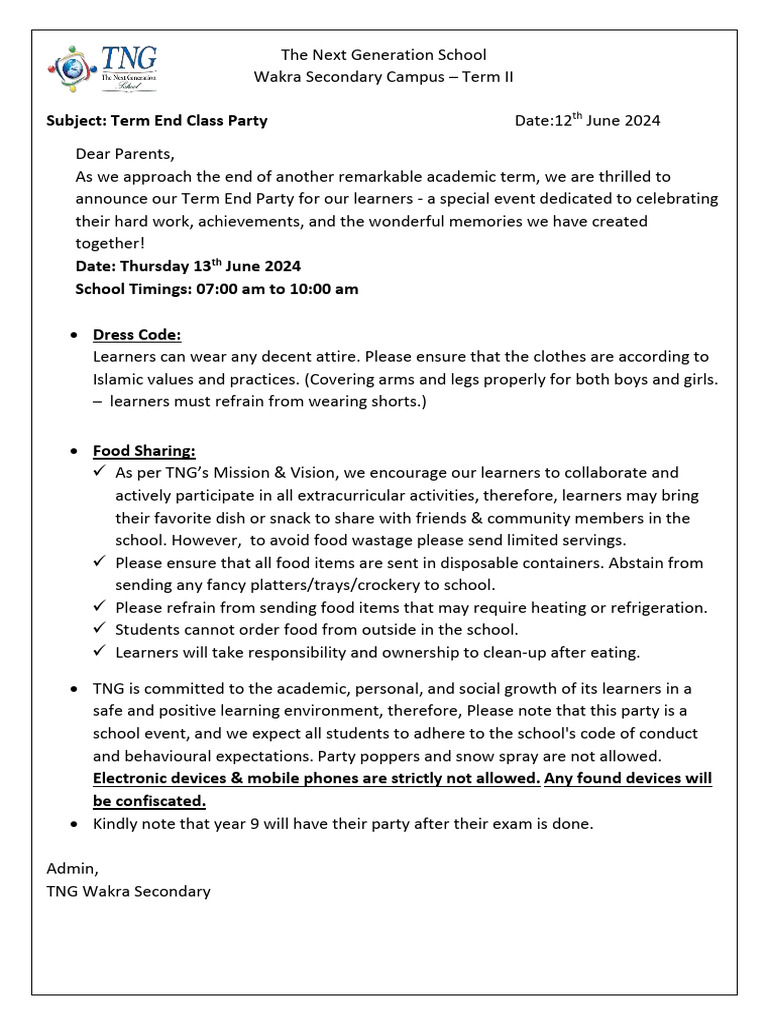 Term End Party Circular | PDF