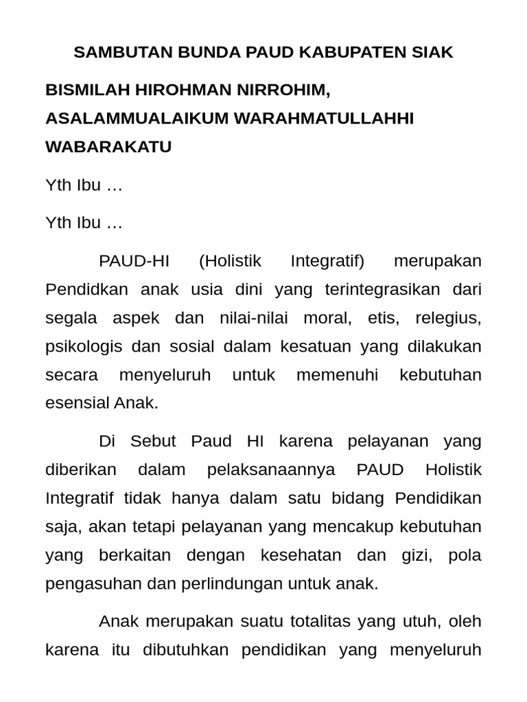 PIDATO SAMBUTAN BUNDA PAUD | PDF