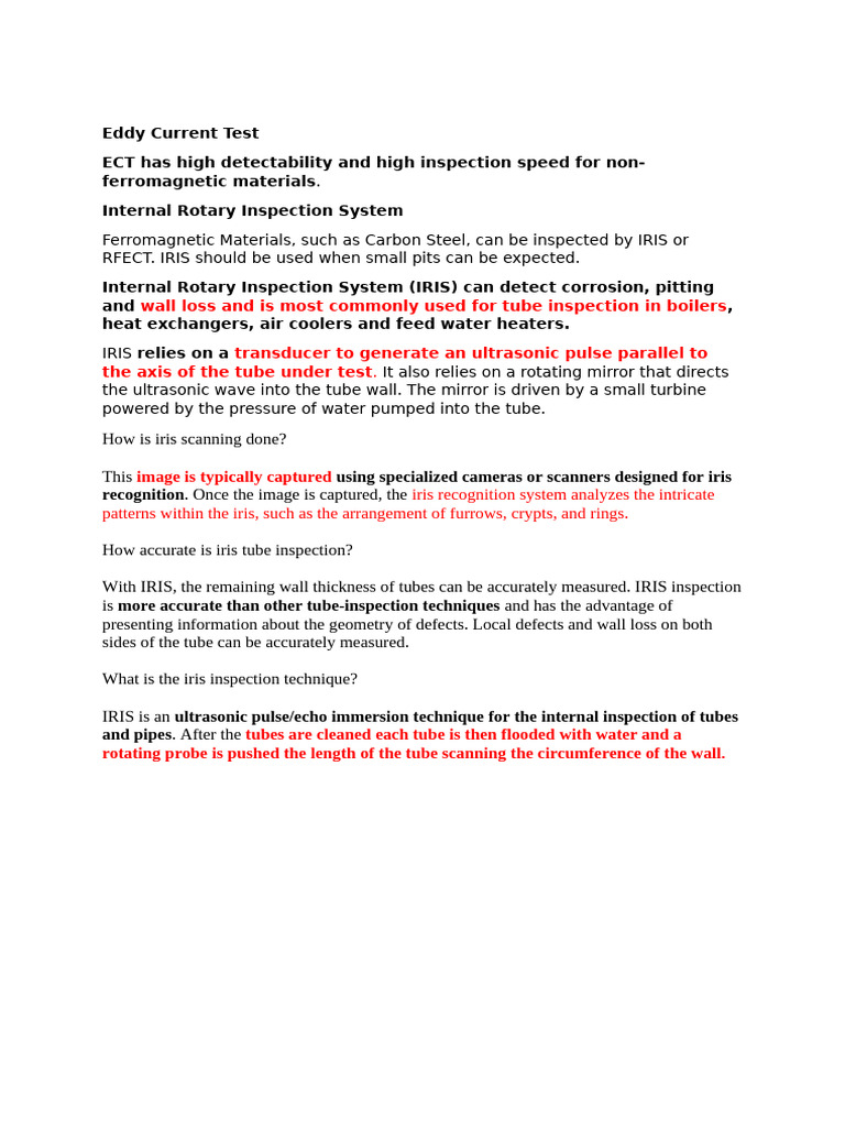 Eddy Current Test Vs IRIS Test | PDF