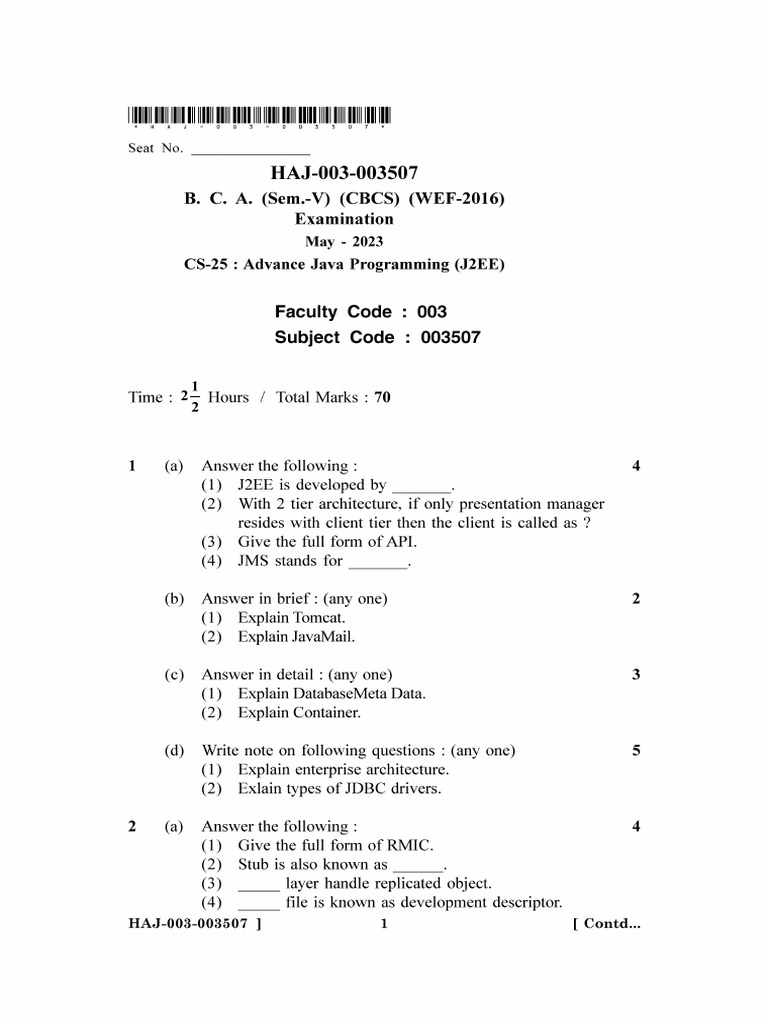 Bca Sem-5 (2016) (Suply) May-2023 Cs-25 Advance Java Programming (J2EE) | PDF
