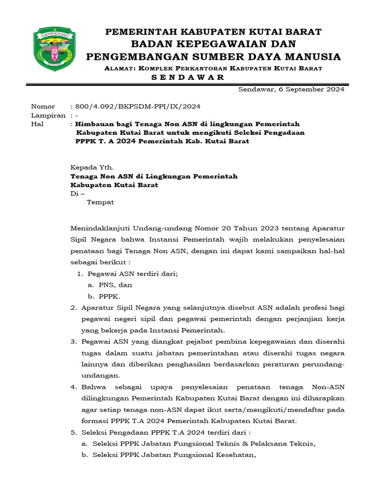 Surat Imbauan Kepada Tenaga Non-ASN Mengikuti PPPK T.A 2024 | PDF