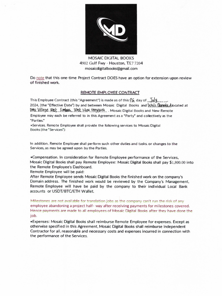 Remote Employee Contract | PDF